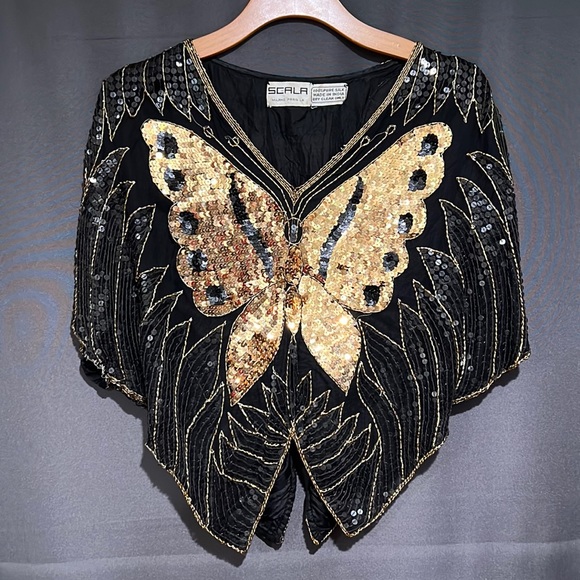 Scala | Tops | Vintage Scala Original Gold Butterfly Sequin Cape Top ...